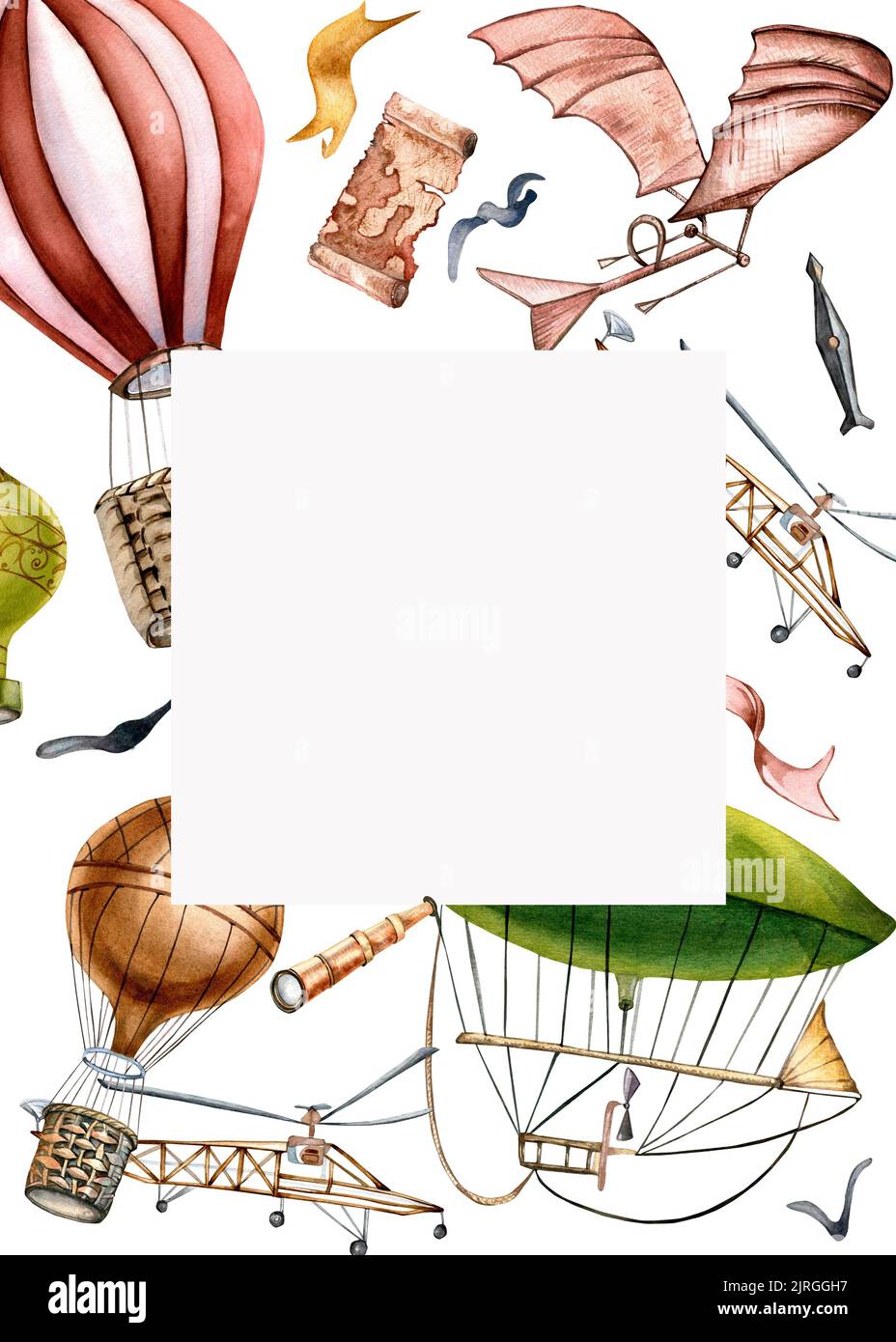Frame of retro hot air balloons watercolor illustration isolated on ...