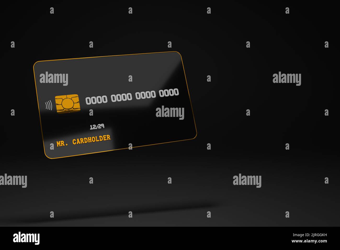 black premium plastic, credit card with golden chip and frame on dark ...