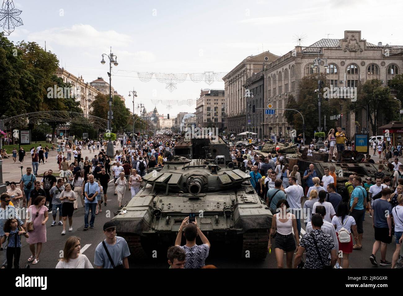 A view of people flocked to see the destroyed Russian military ...