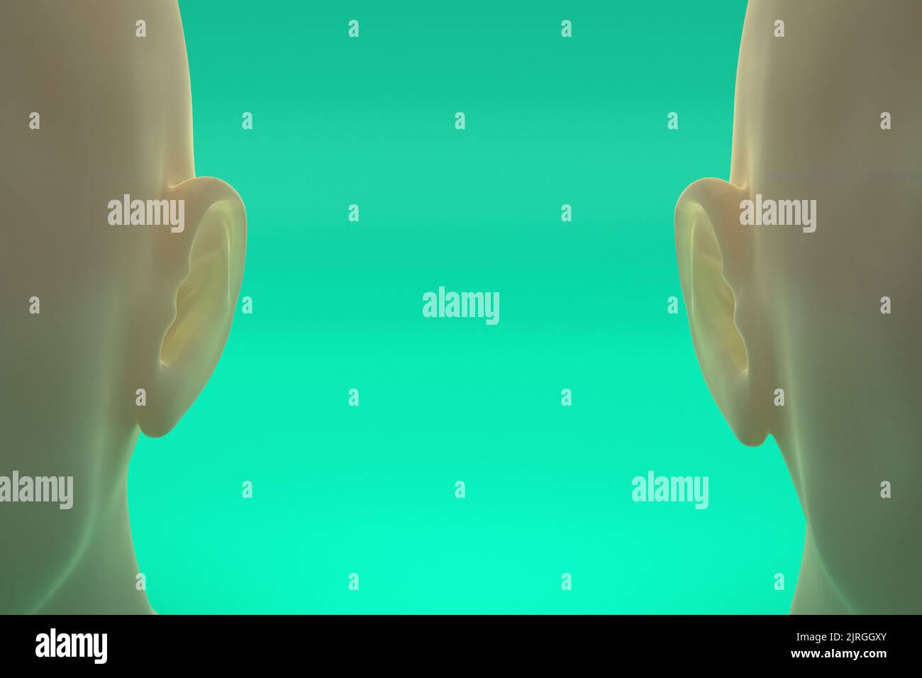 two ears close-up one to another on light blue background. mockup 3d ...