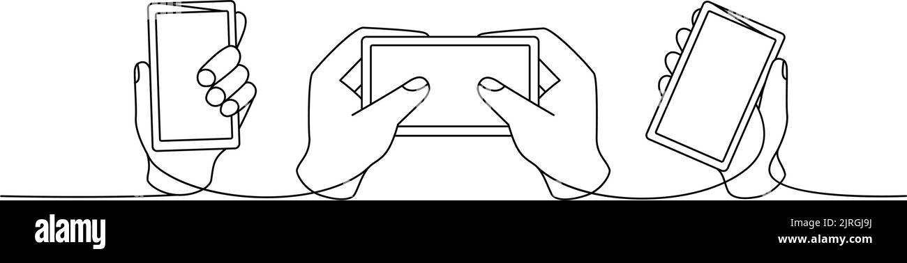 Set of hand holding smartphone one line continuous drawing. Hand with ...
