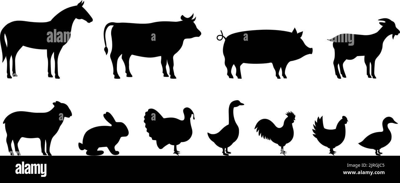 Set of Farm animal silhouettes. Pig, Horse, Turkey, Goat, Sheep ...