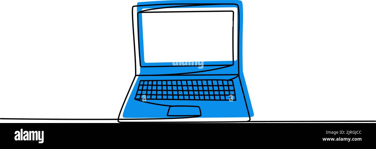 Laptop one line colored continuous drawing. Computer notebook ...