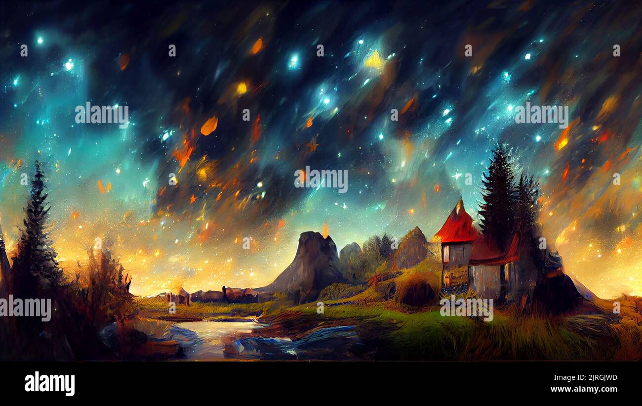 Beautiful starry night with colorful sky and a dreamy landscape Stock ...