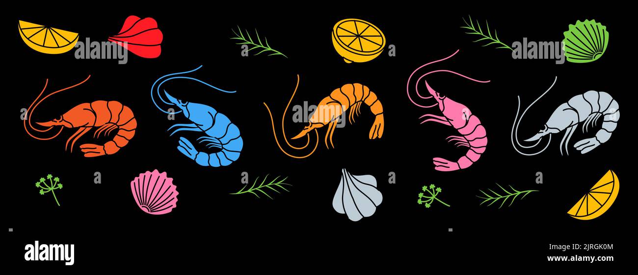 Shrimp horizontal banner for meal menu. Seafood dish with herbs ...