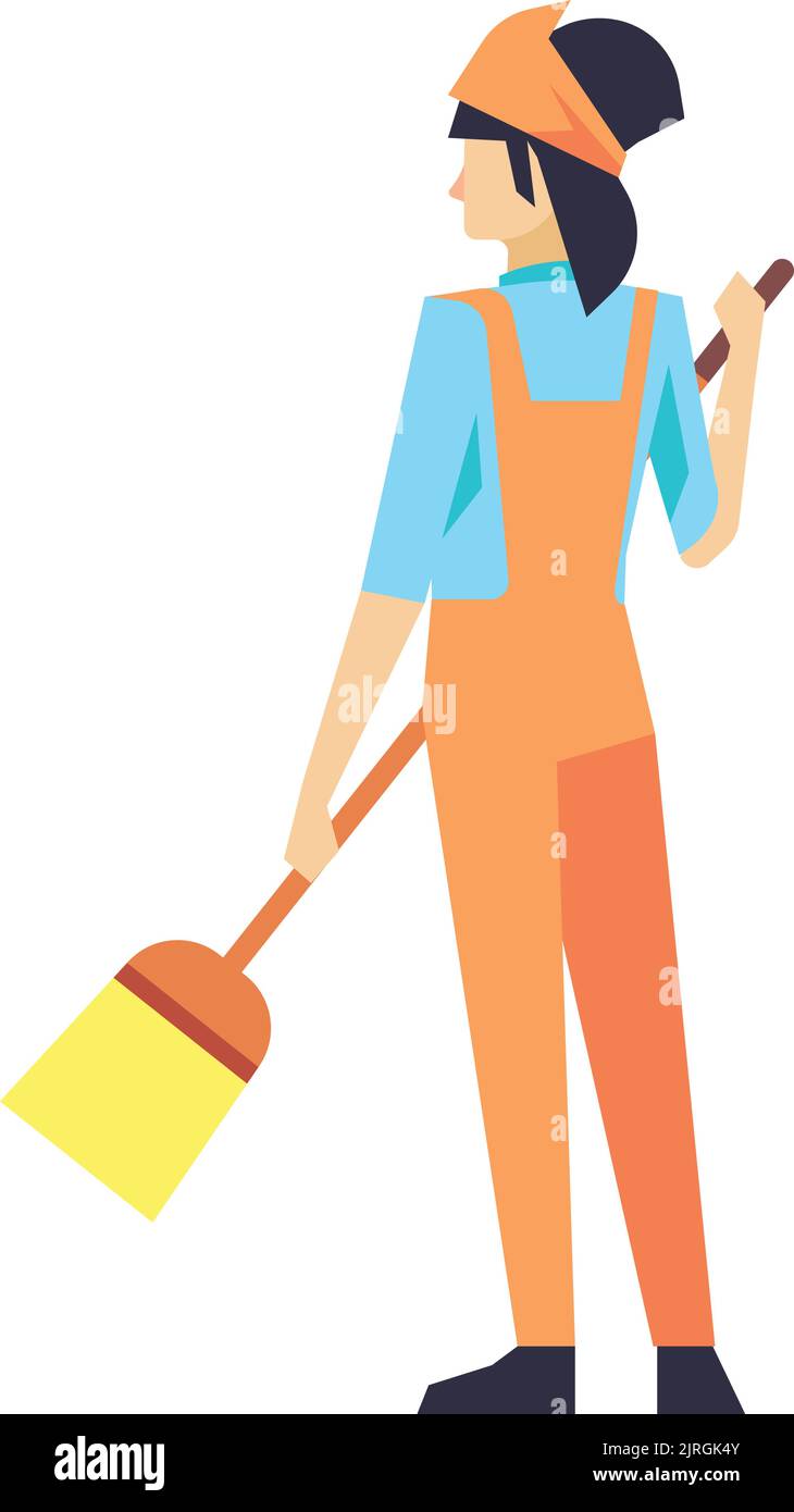 Woman with broomstick. Cleaning person in janitor uniform Stock Vector ...