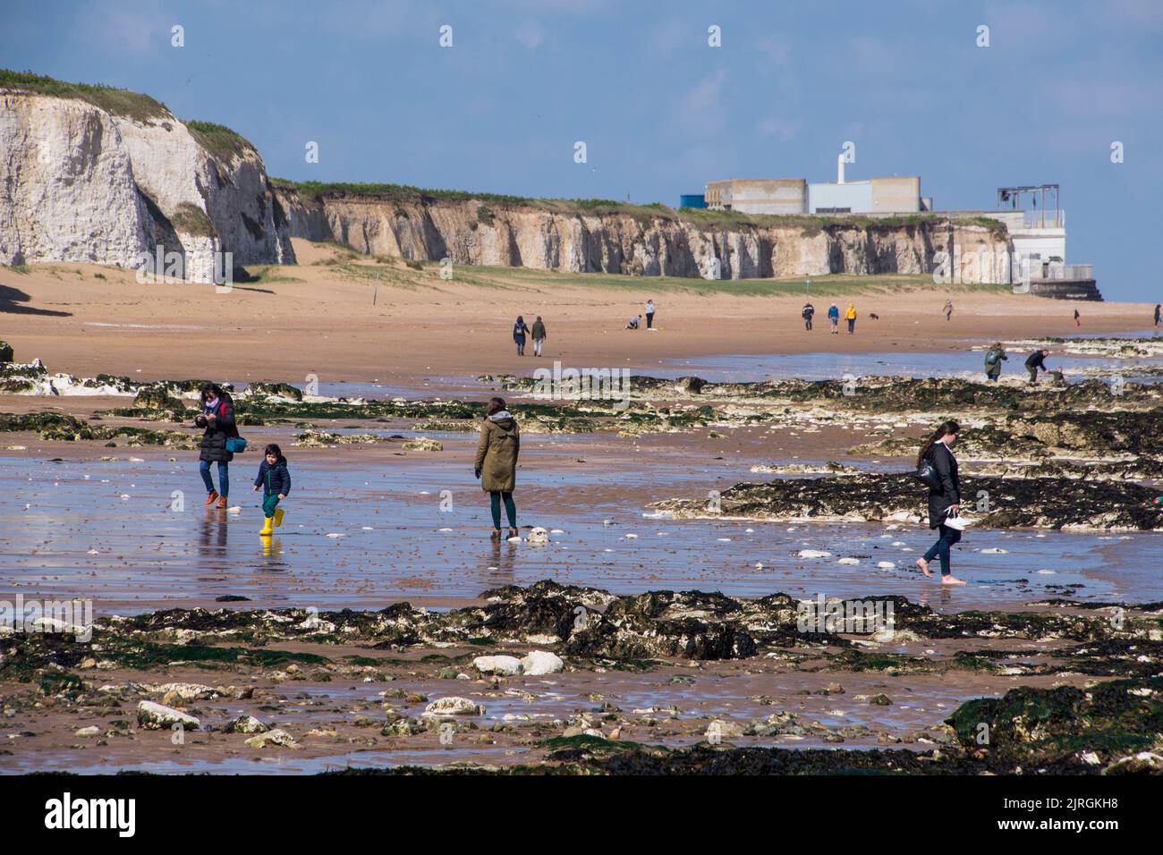 People enjoying the rock pools and beach at Botany Bay in Kent England ...