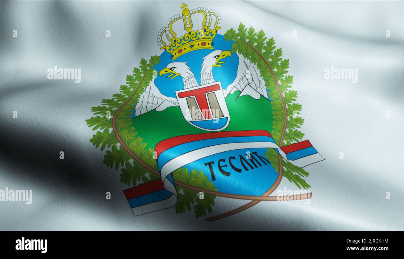 3D Waving Bosnia and Herzegovina City Flag of Teslic Closeup View Stock ...