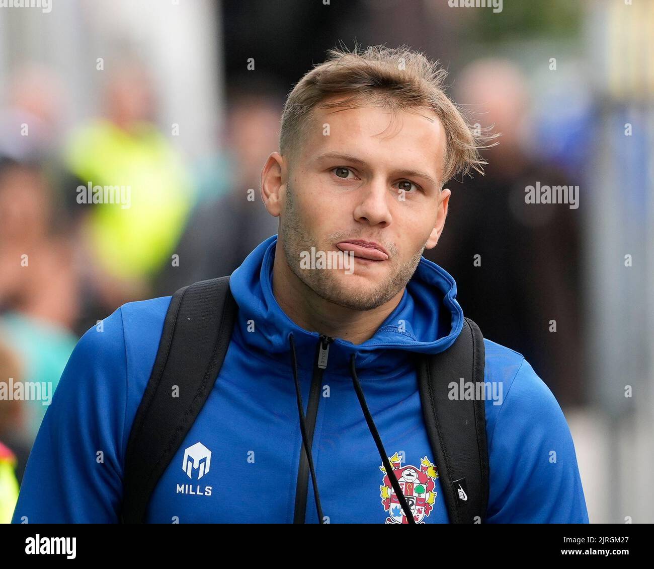 Elliott Nevitt #20 of Tranmere Rovers arrives at the ground before the ...
