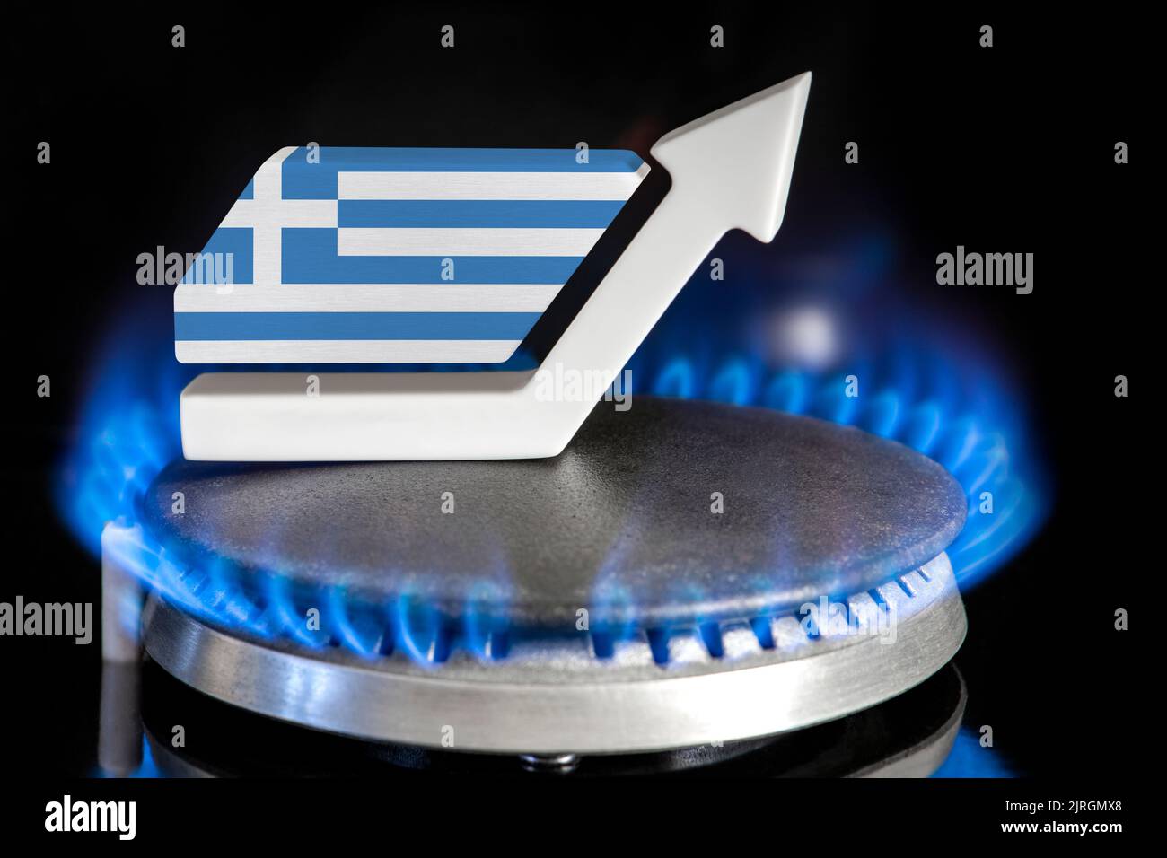 Gas price. Rise in gas prices in Greece. A burner with a flame and an ...