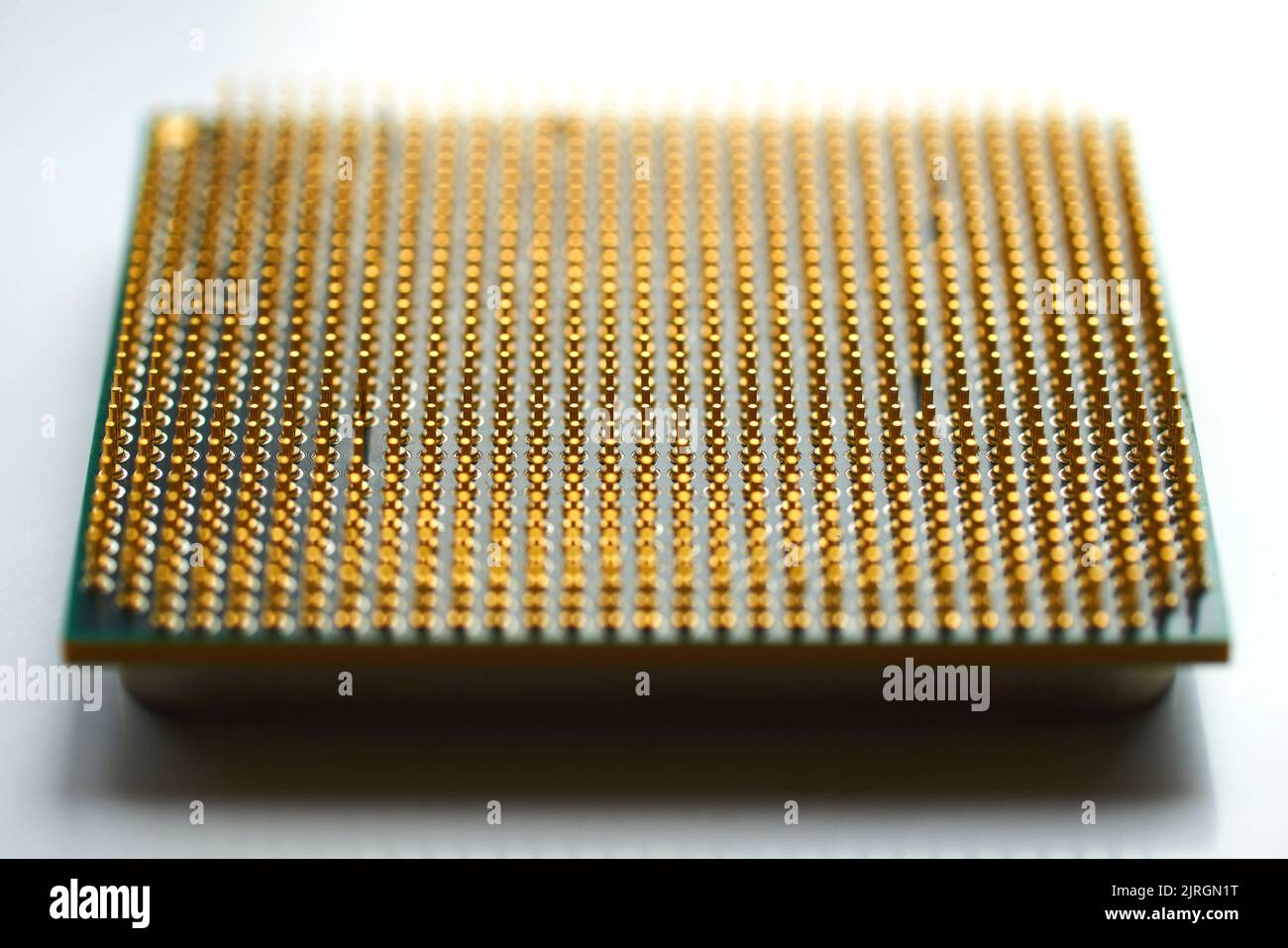 Microprocessor on white background. golden pins facing up. The concept ...