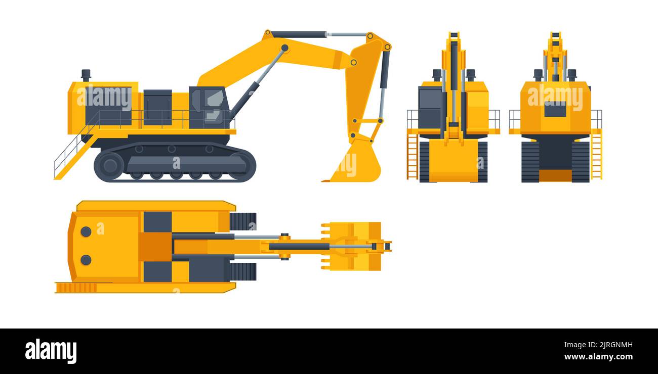 The world's biggest hydraulic mining excavator. View front, rear, side and top. Mining quarry ...