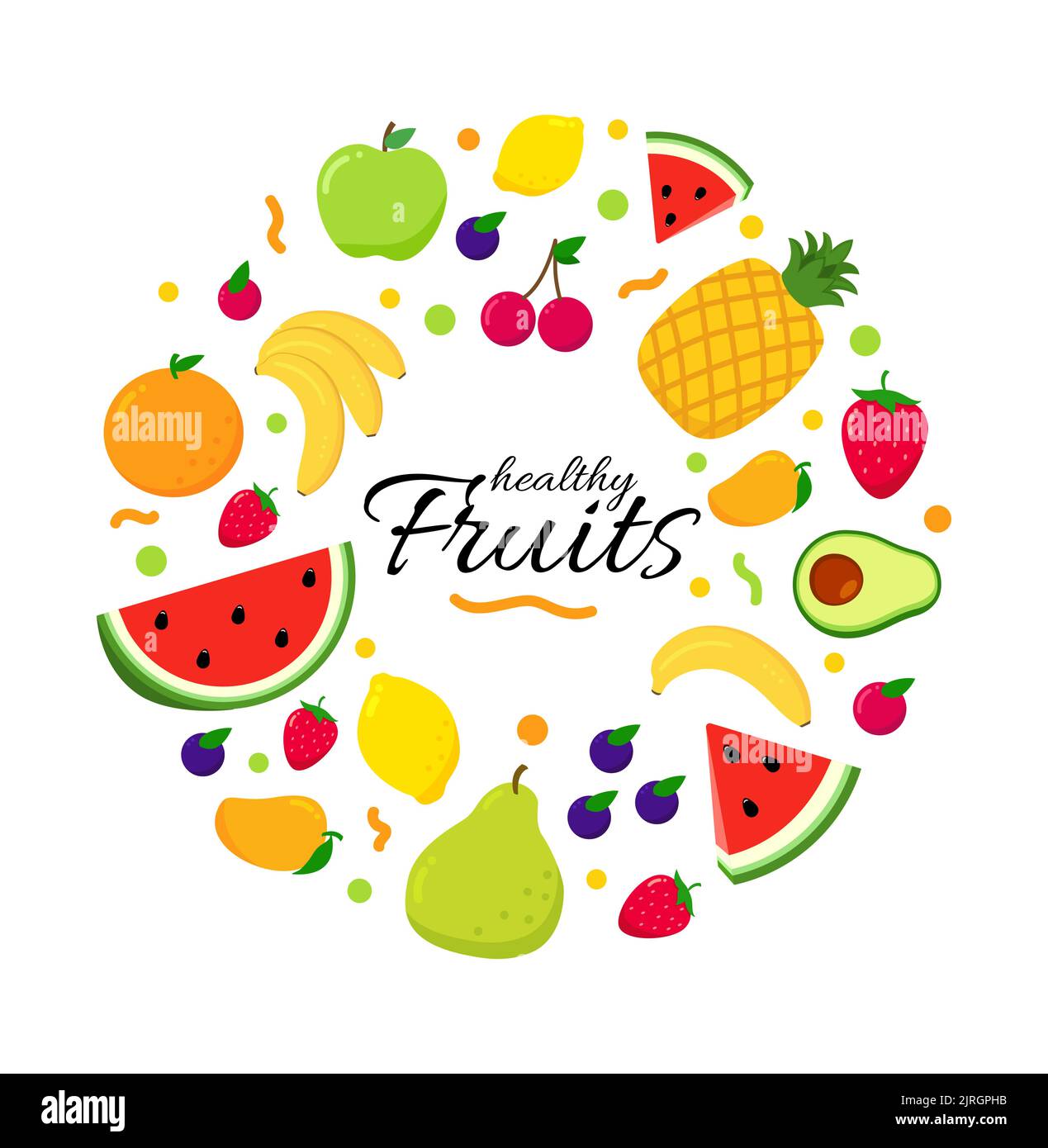 Fruit frame with text healthy fruit. Set Summer fruits in circle ...