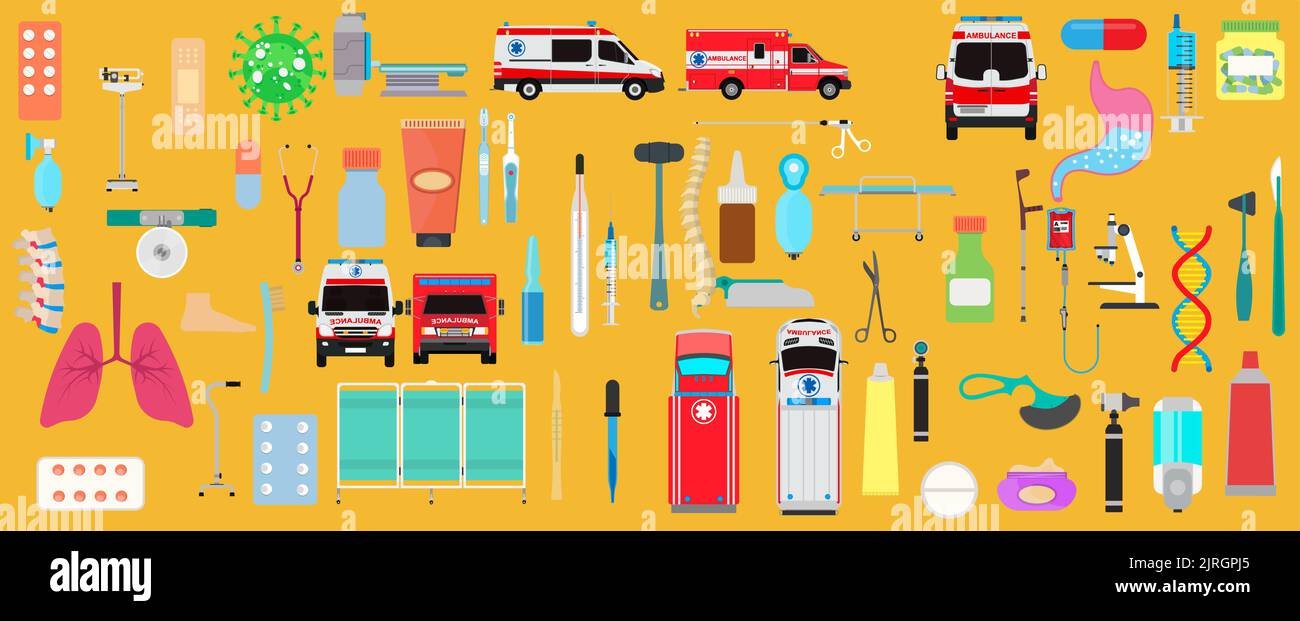 Medical set health icon and medicine care symbol. Ambulance syringe ...