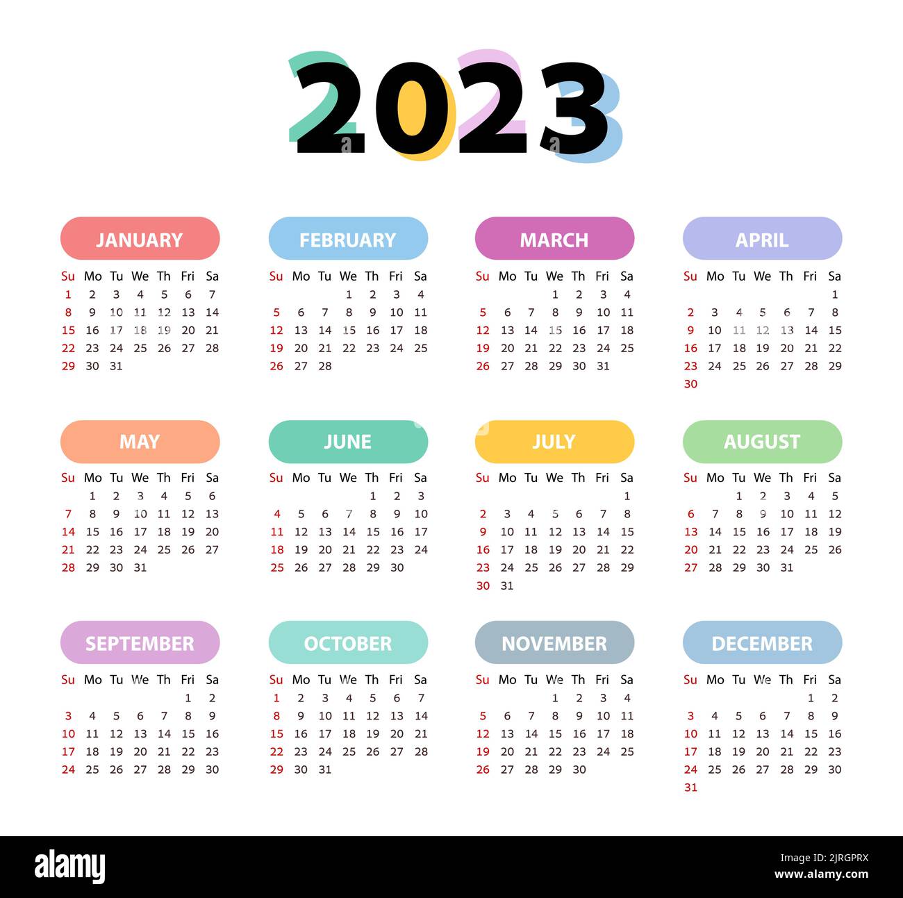 Rainbow calendar Year 2023. Square vector calendar. Calendar on white ...