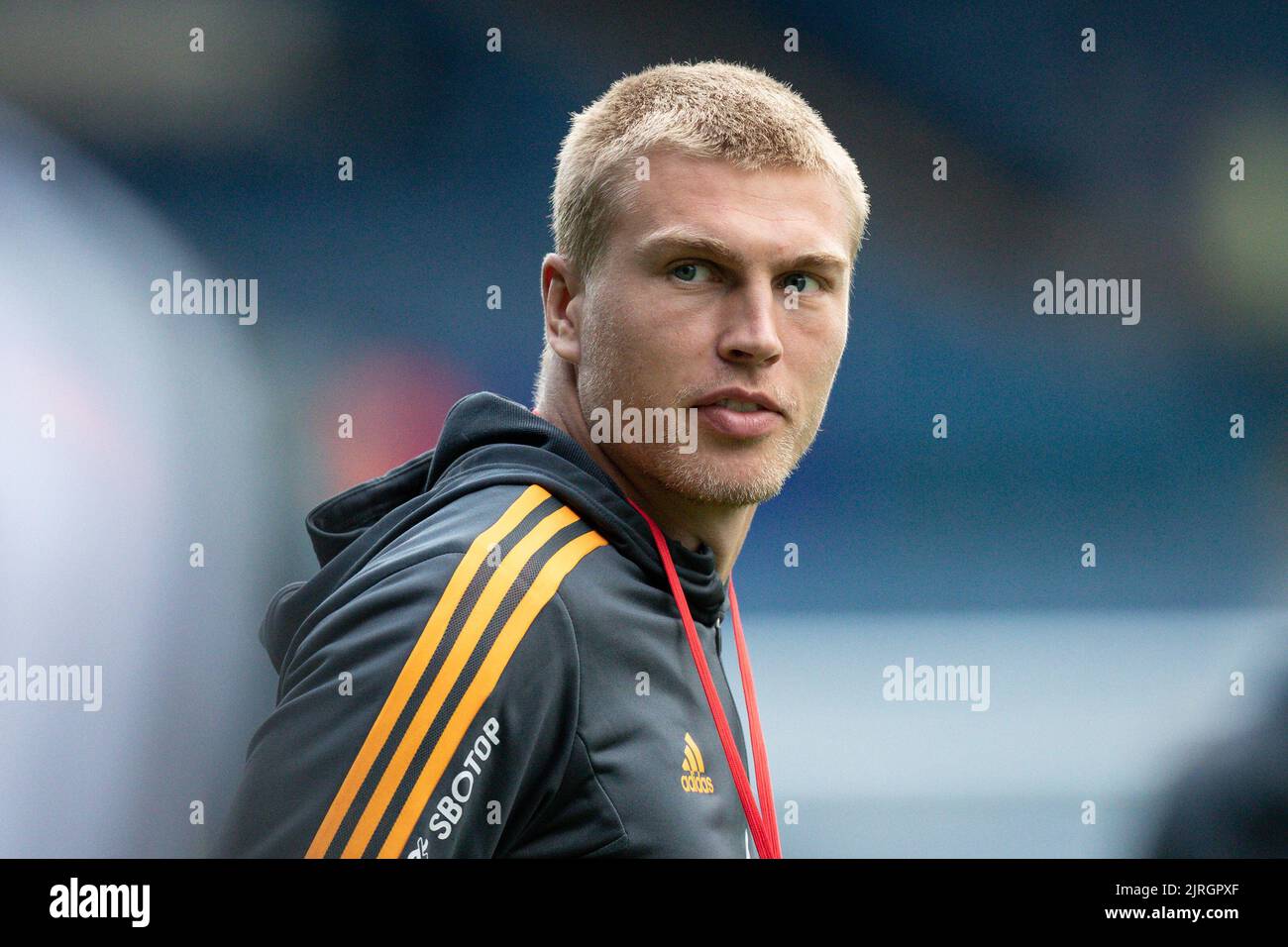 Rasmus Kristensen #25 of Leeds United during the pre match pitch ...