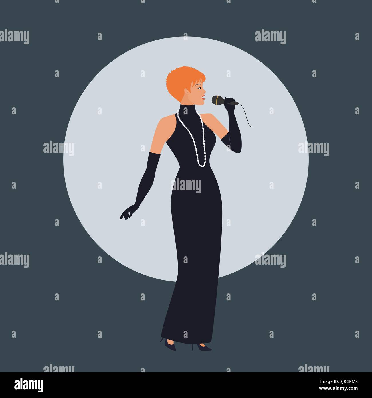 Singer in concert dress singing into microphone. Cartoon flat style ...
