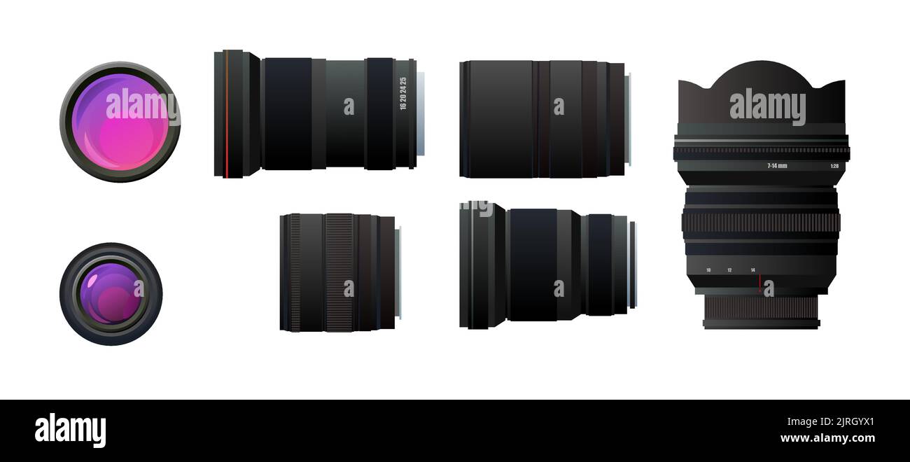 Set of lenses for camera. Various sizes and focal lengths. Optical device. Shooting equipment ...