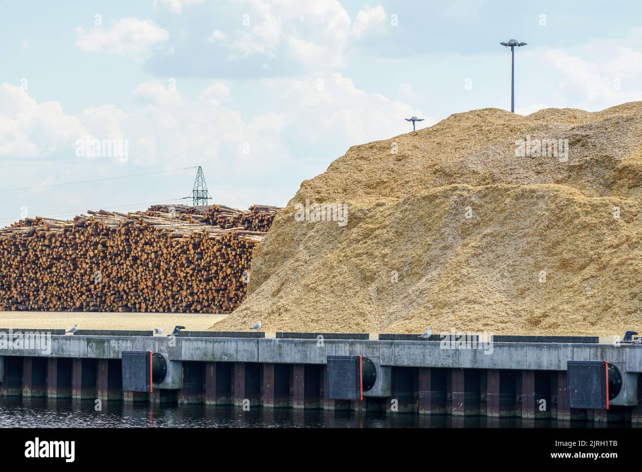 a large pile of wood chips and a tall ridge of logs in the port area ...