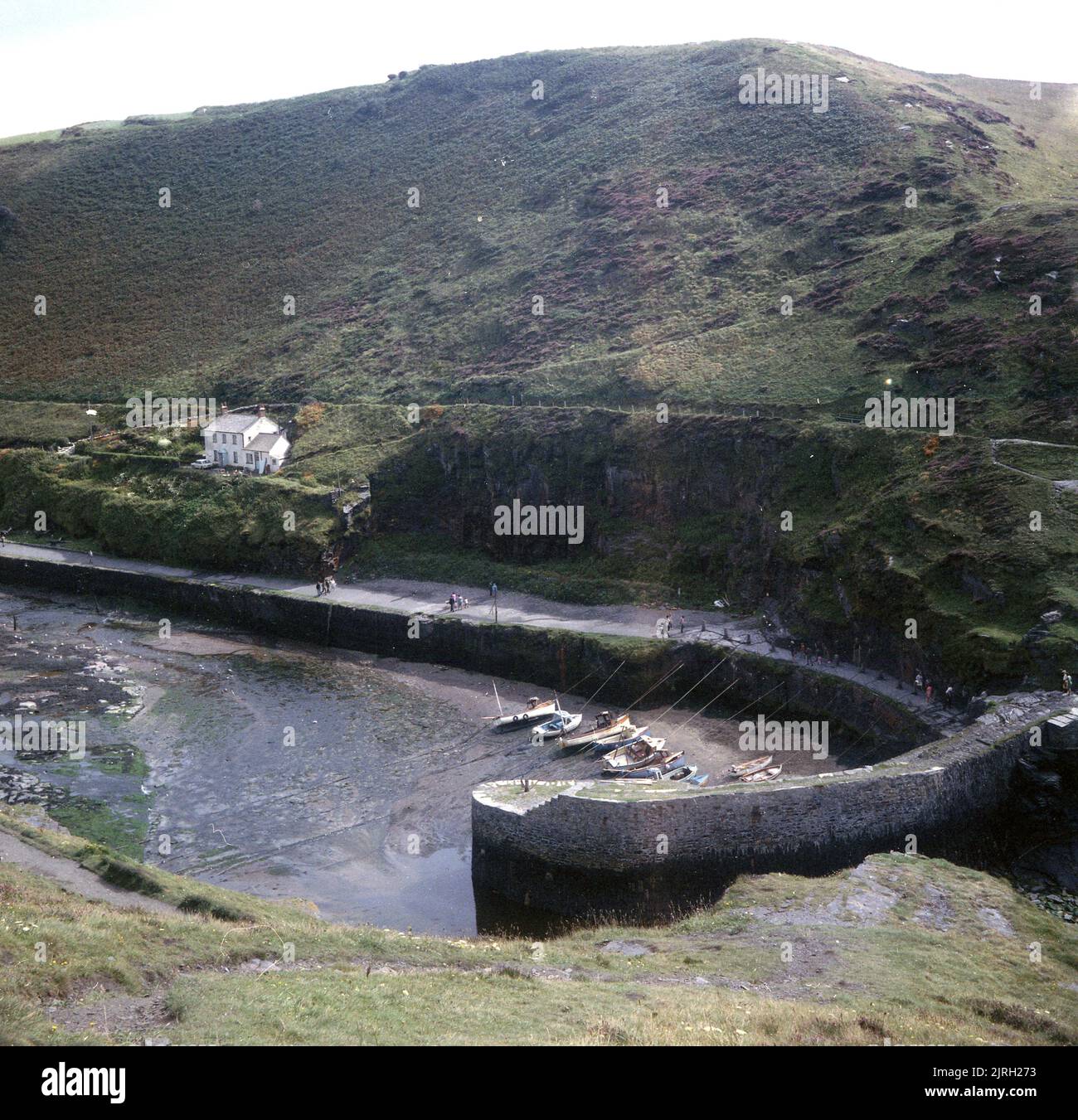 1971, historical, view from above of the habour at Boscastle, Cornwall ...