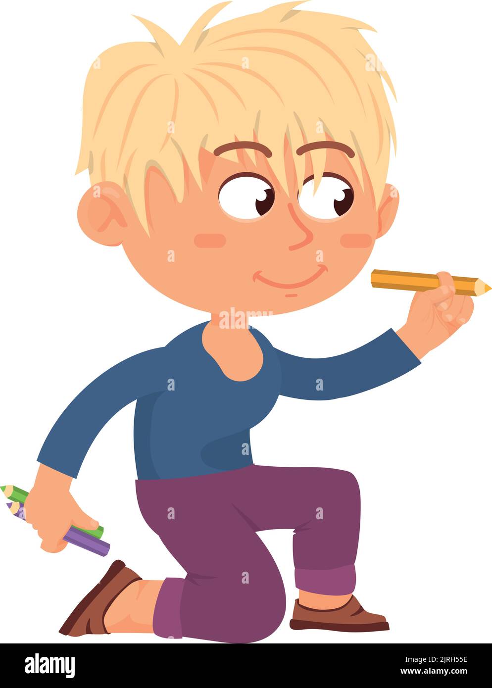 Funny kid drawing with color pencils. Creative boy character Stock ...