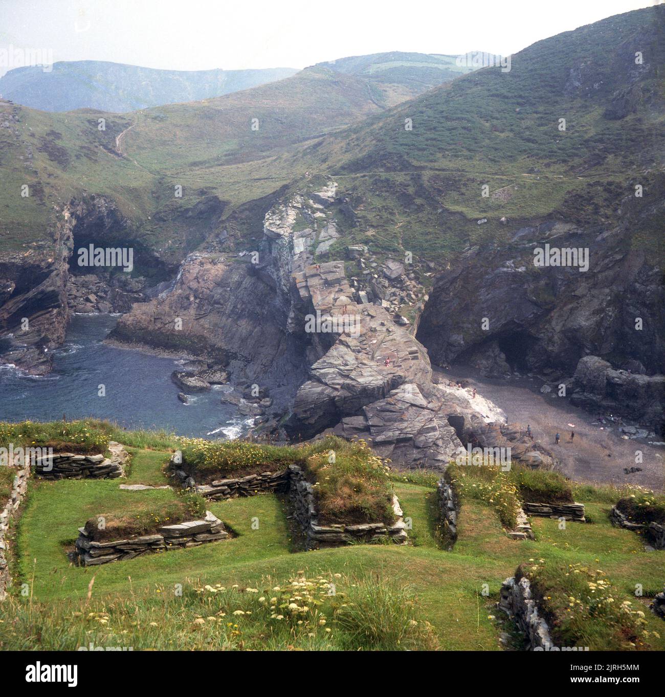 1971, view, from above, of the rugged coastline, from the ruins of ...