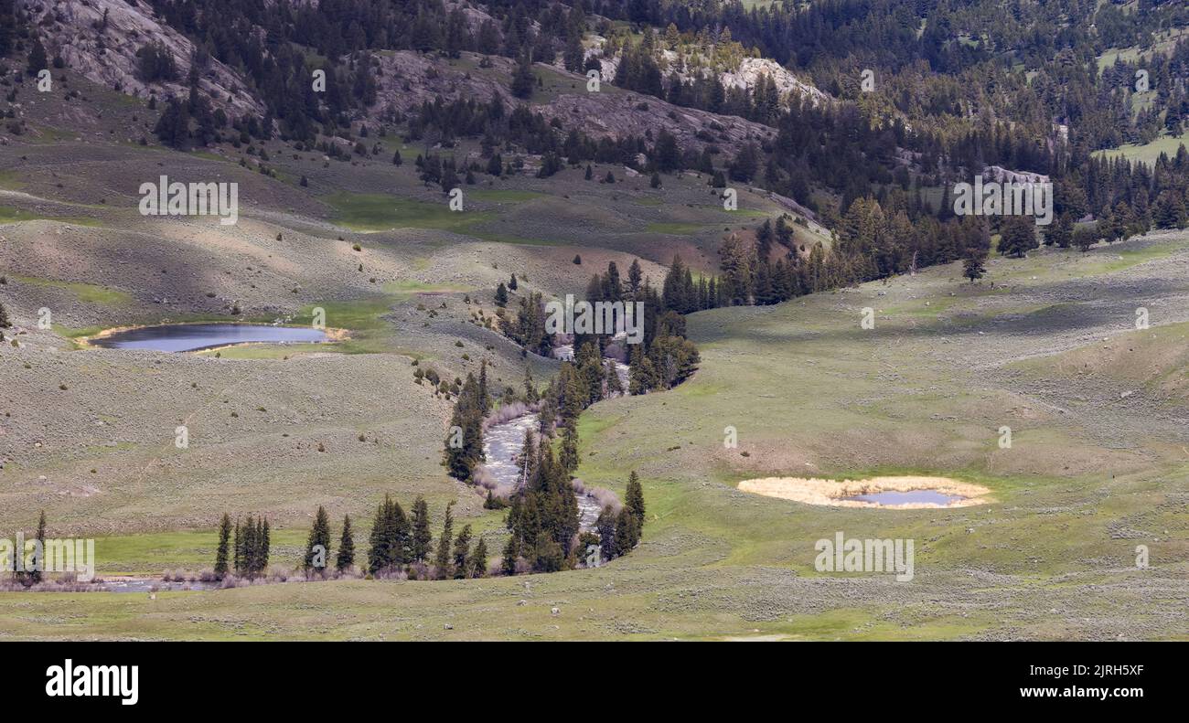 Green field, river and Mountain in the American Landscape Stock Photo ...