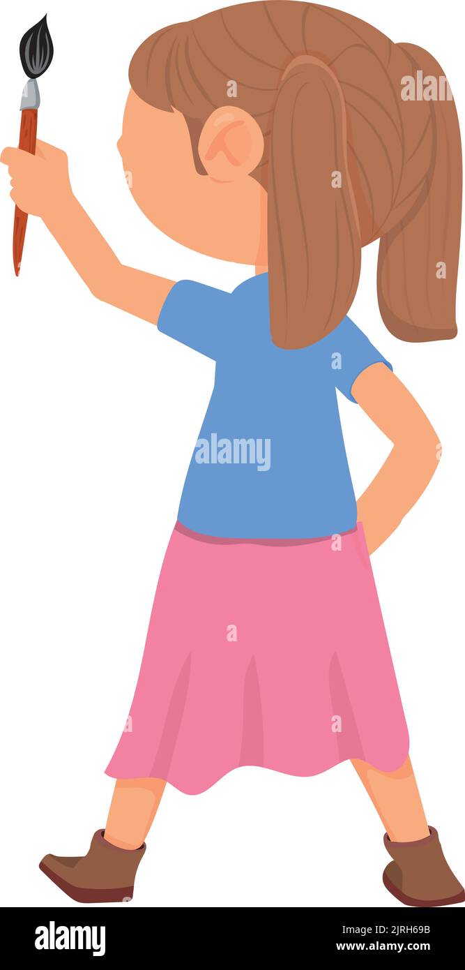 Girl artist with paint brush. Cartoon kid back view Stock Vector Image ...