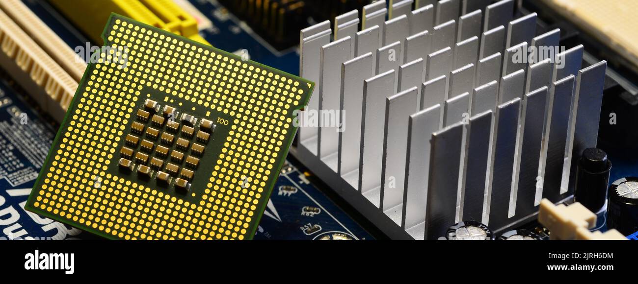 close-up on computer cpu over a motherboard. long banner Stock Photo ...