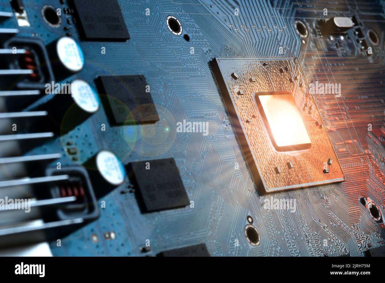 Detail of the processor core of a video card with reflections. graphics ...