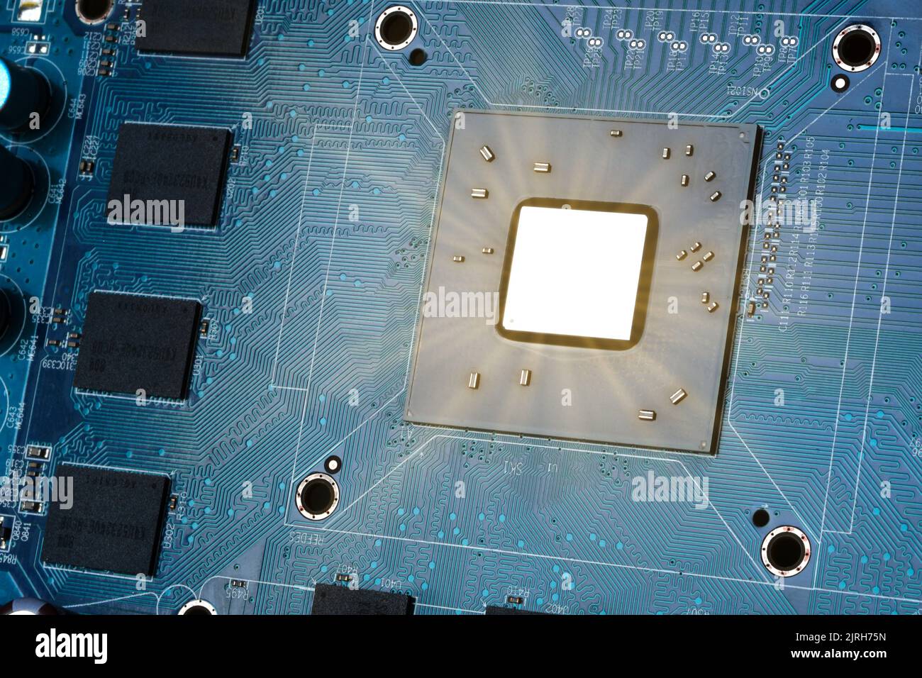 Detail of the processor core of a video card with reflections. graphics ...