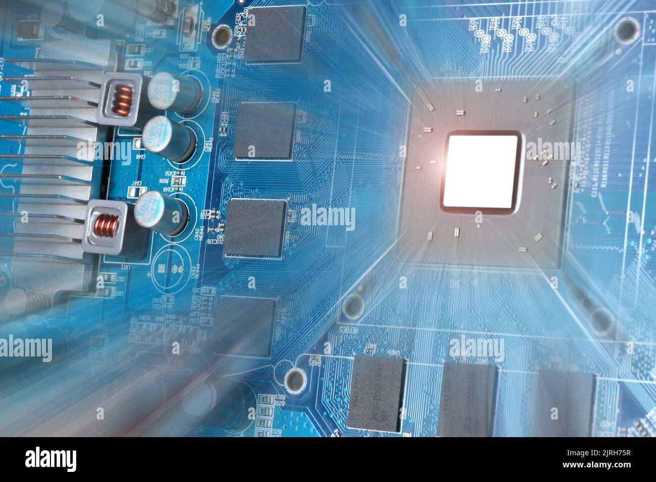 Detail of the processor core of a video card with reflections. graphics ...