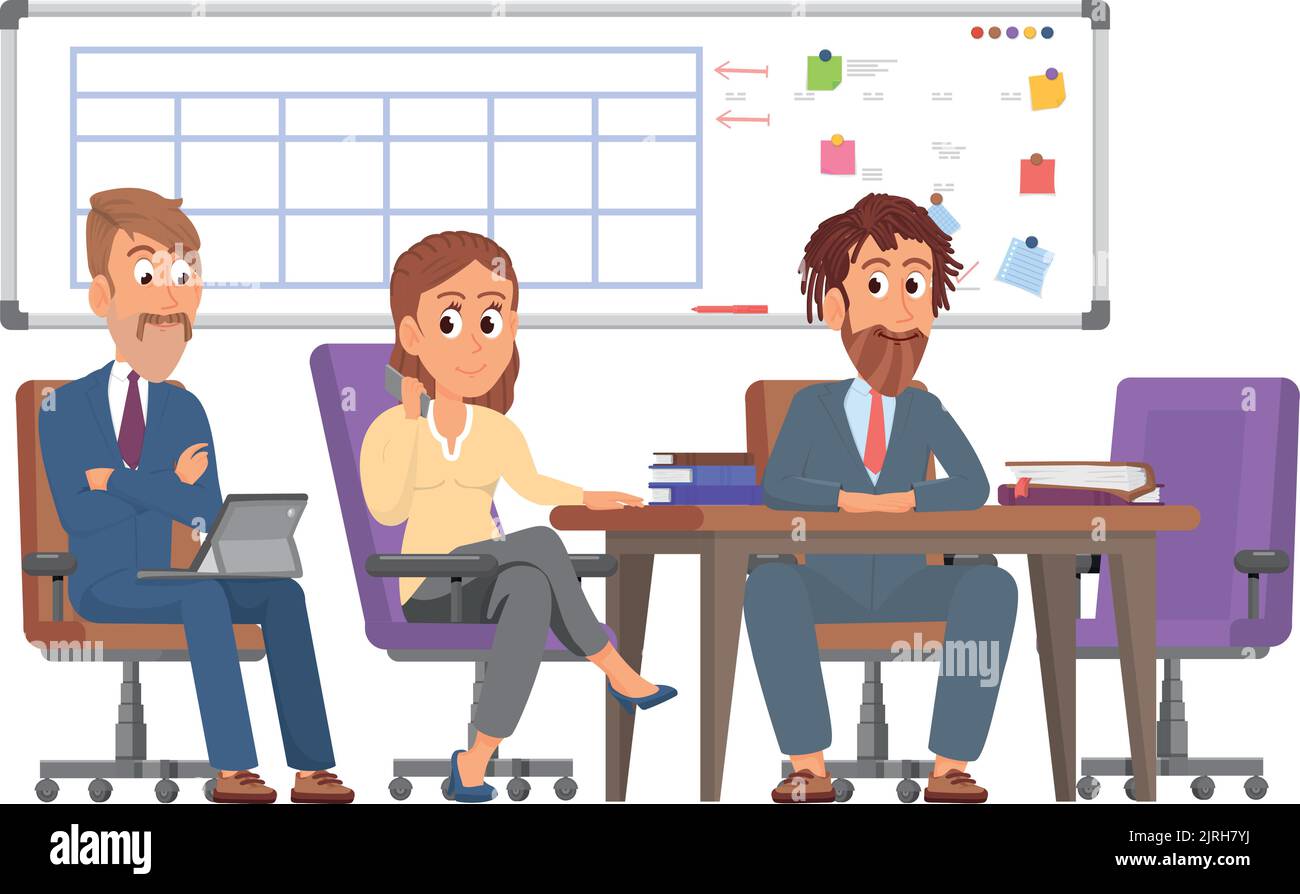 Manager talking with office workers. Team strategy discussion Stock ...