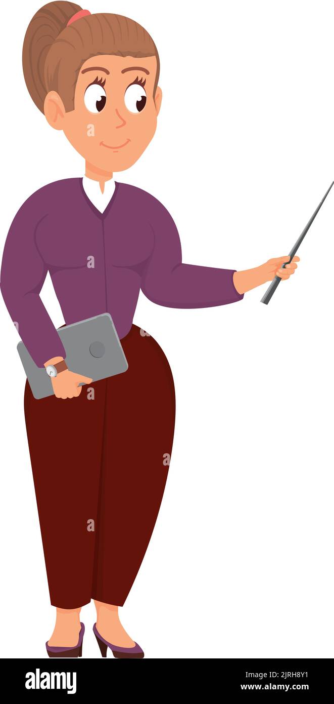 Woman with wooden pointer. Cartoon female professor. Business ...