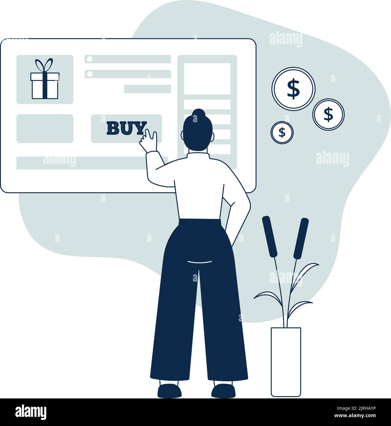 Online shopping concept. Woman pressing buy button Stock Vector Image ...