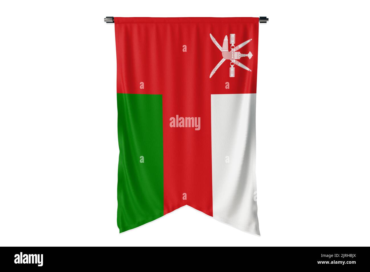 3D illustration of flag of Oman with chrome flag pole with snap hooks ...