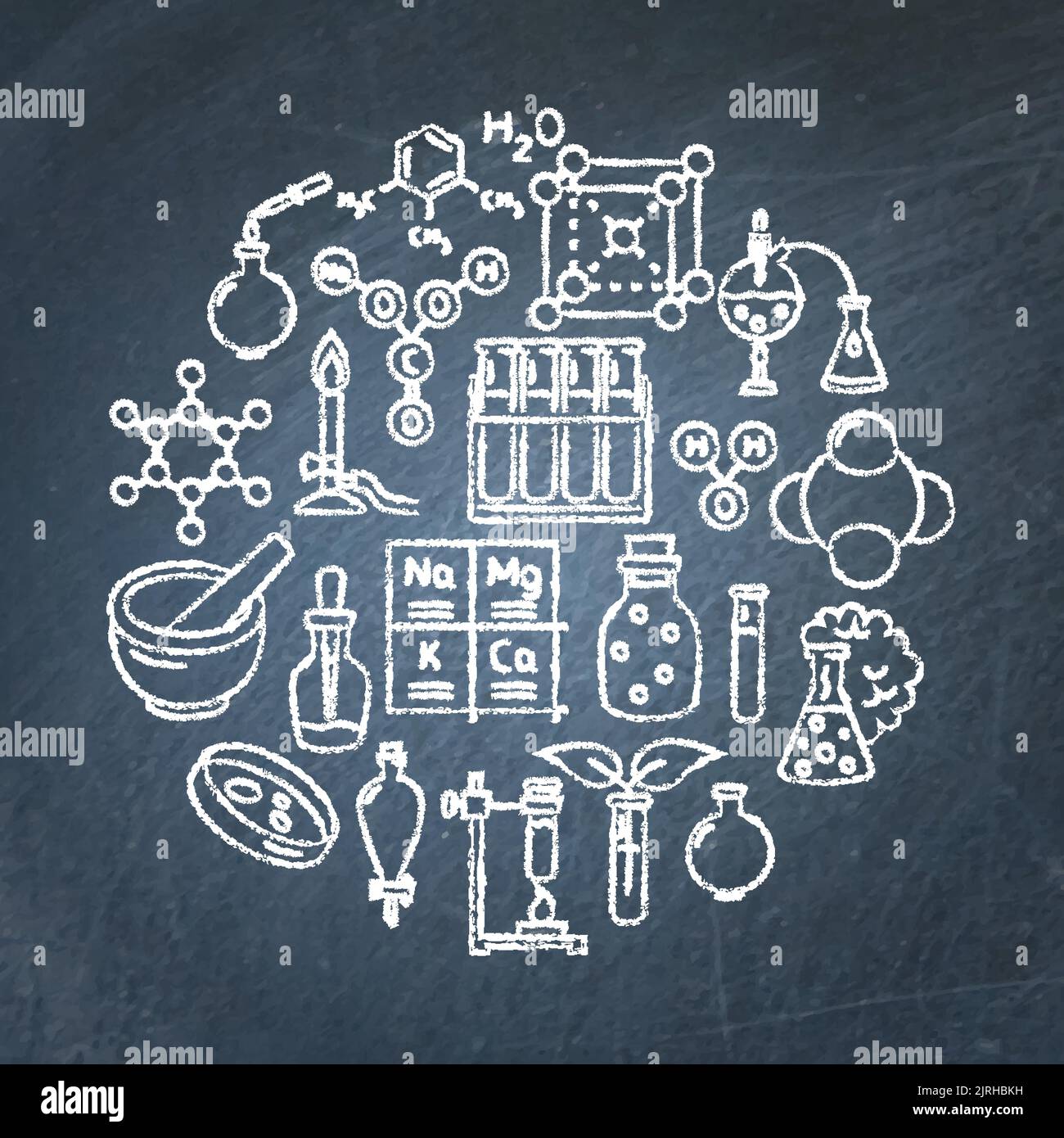 Chemistry science round poster on blackboard. Banner with chemical ...