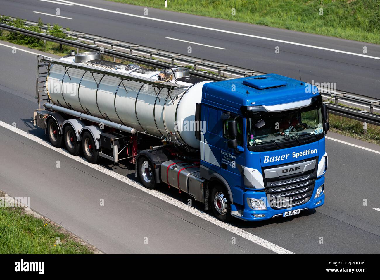 Bauer Spedition DAF XF truck with tank trailer on motorway Stock Photo ...