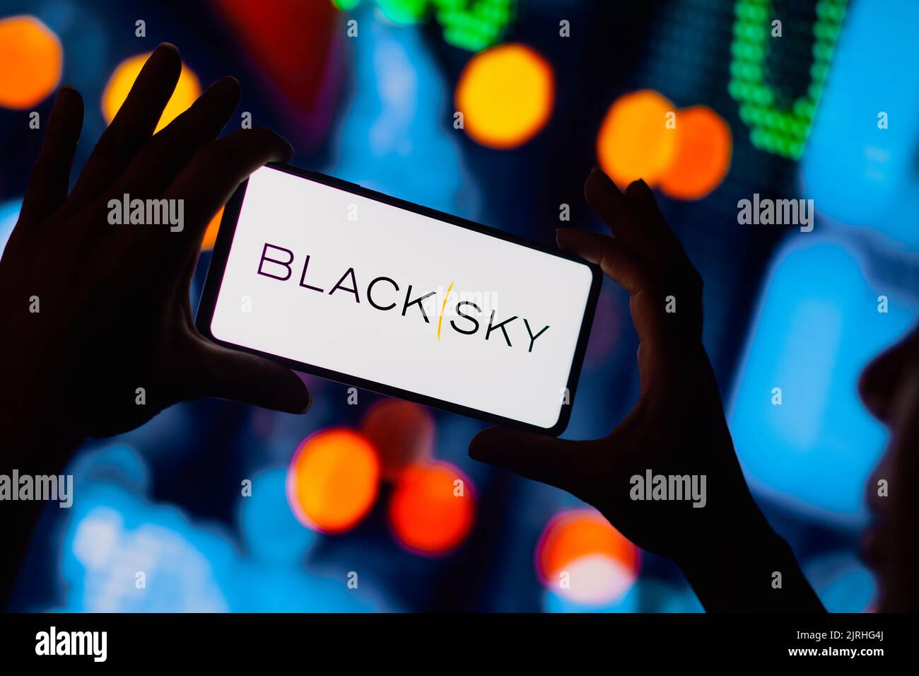 In this photo illustration, the BlackSky Technology logo is displayed on a smartphone screen ...