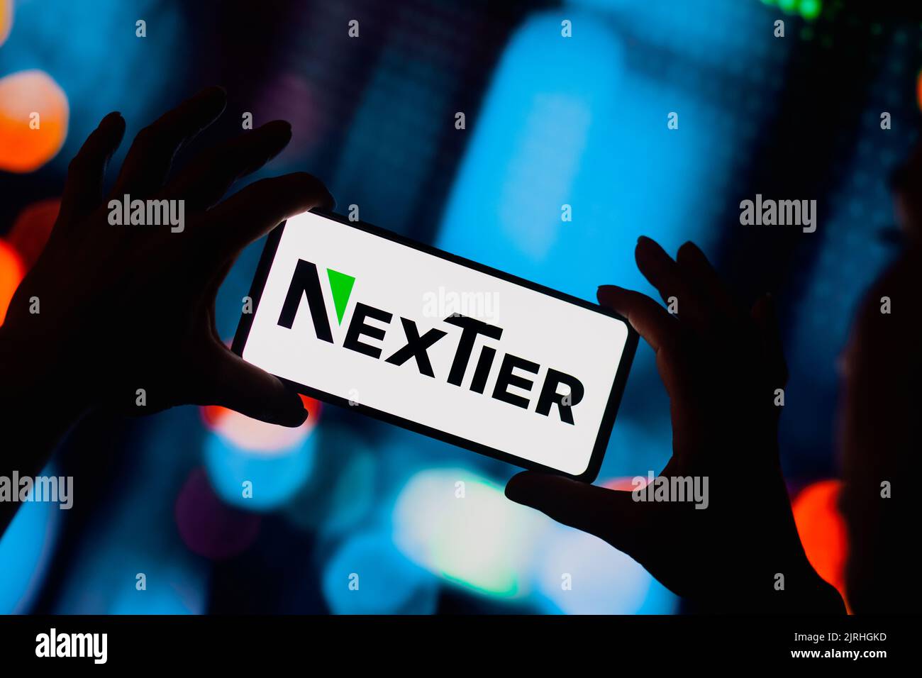 In this photo illustration, the NexTier Oilfield logo is displayed on a ...