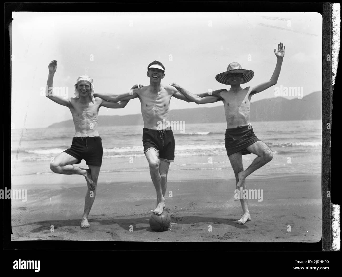 Three men at the beach, Paraparaumu, 1920s to 1930s, Paraparaumu Beach, by Roland Searle Stock ...
