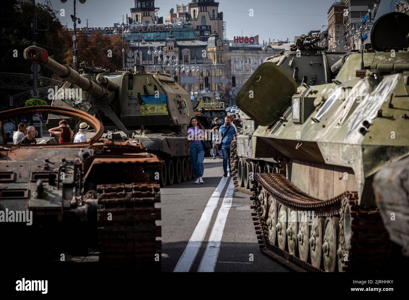 A view of destroyed Russian tanks and armored vehicles in Kyiv. As ...