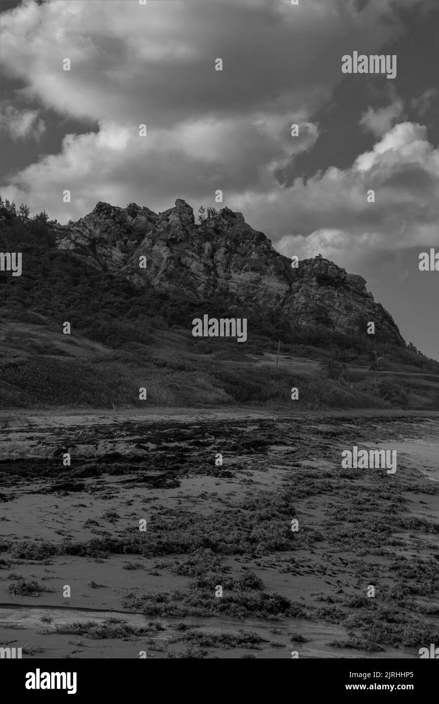 A vertical grayscale shot of cliffs on the beach under the cloudy sky ...