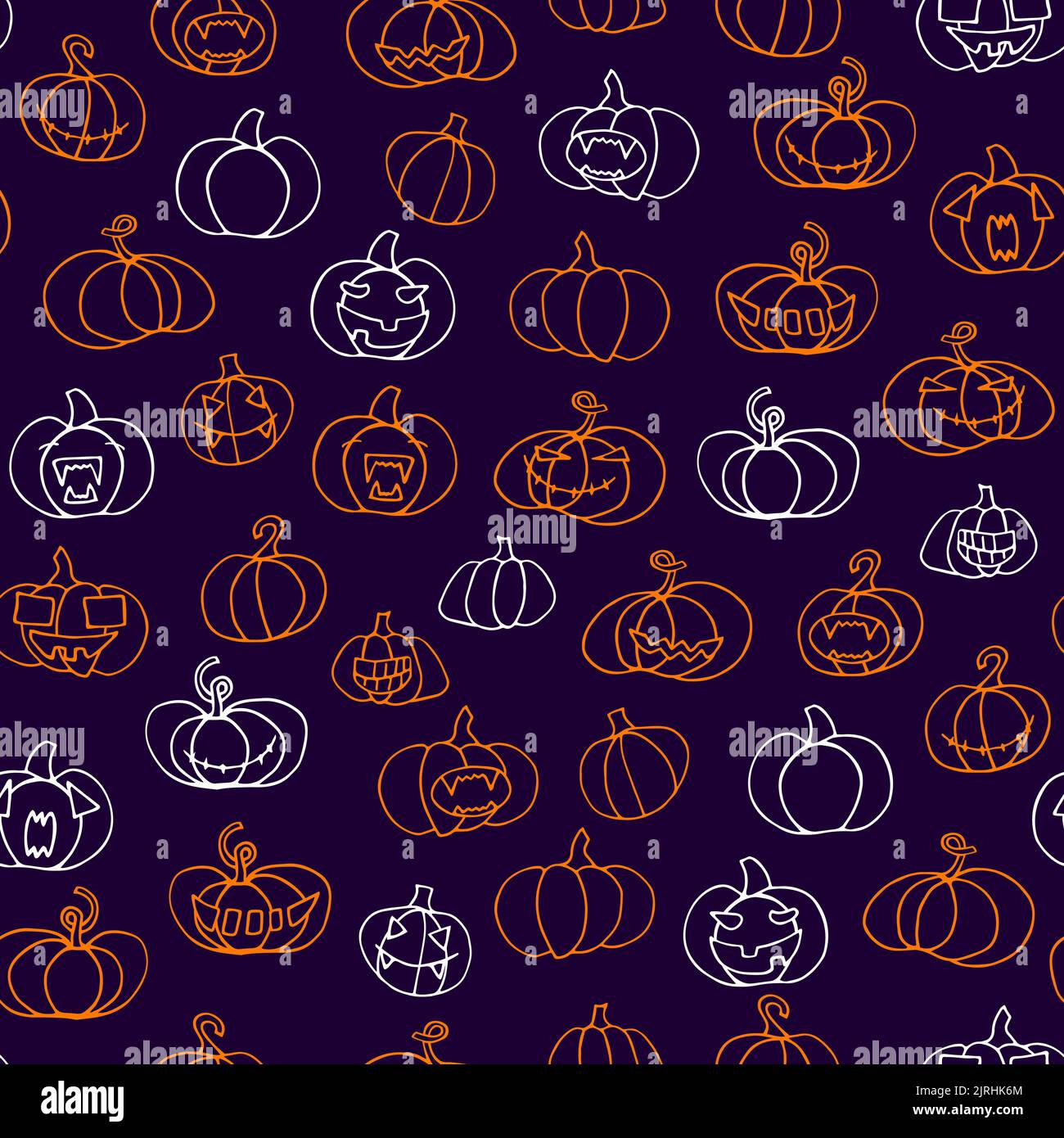Seamless Halloween scary pumpkins pattern. Outline Funny, creepy ...