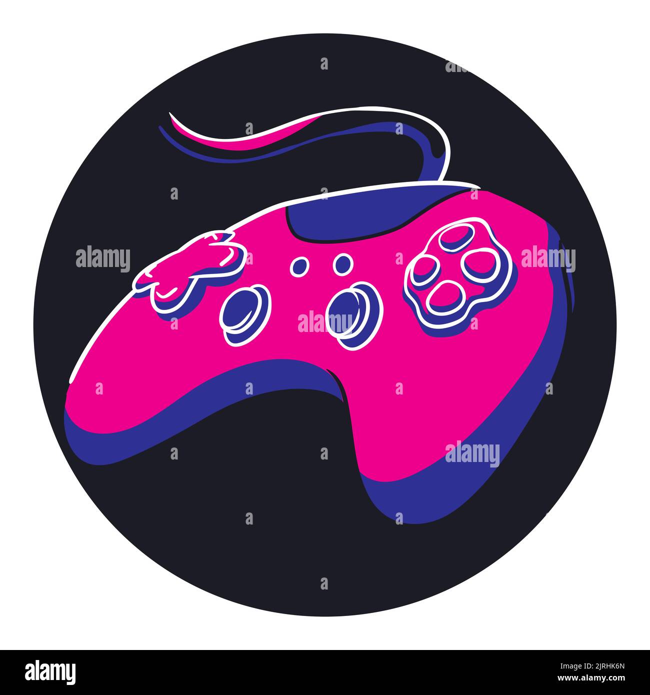 Round and black button with video game controller in fuchsia and blue ...