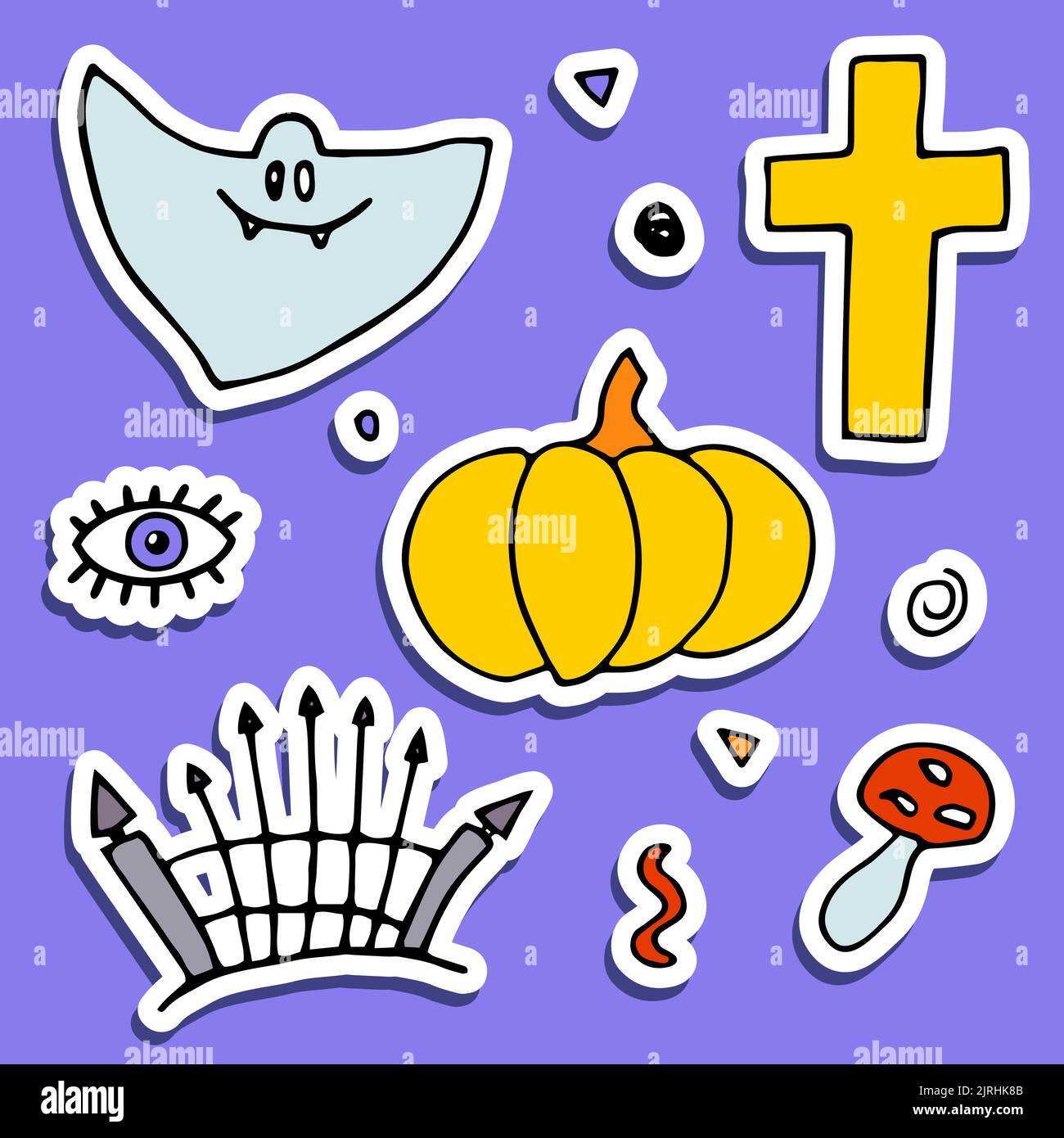 Doodle Halloween sticker set. Hand-drawn autumn pumpkin, grave, ghost ...