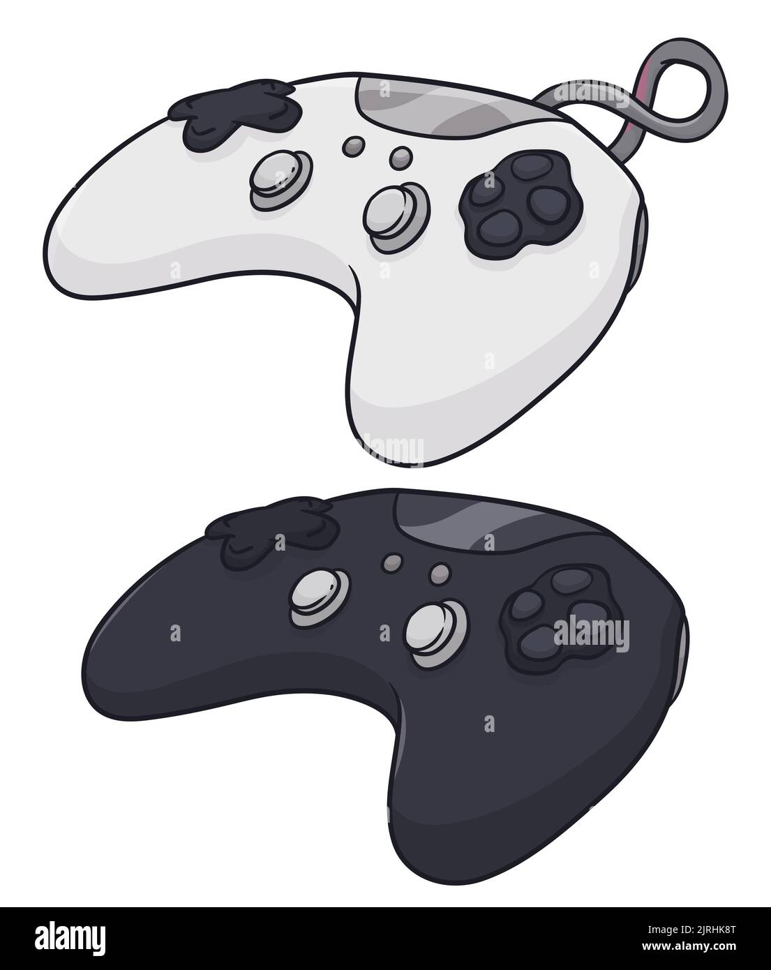 Set Of Two Different Version Of Video Game Controllers One White With Connection Cord And The