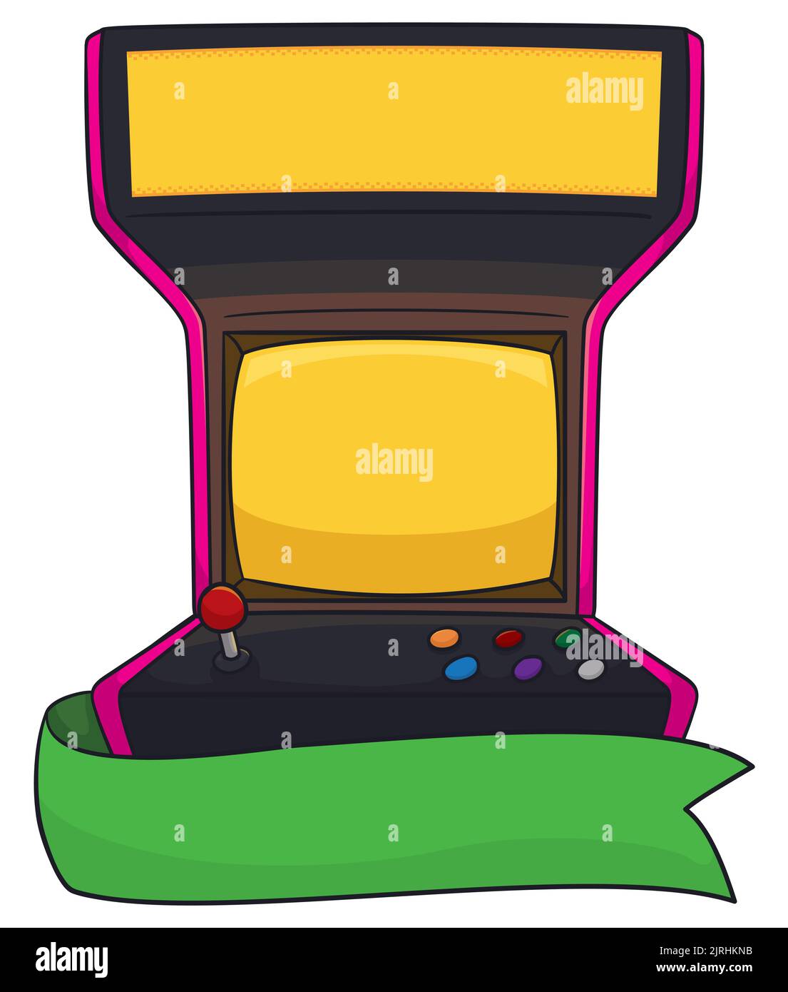 Frontal view of arcade case with screen, joystick and buttons, decorated with green ribbon label ...
