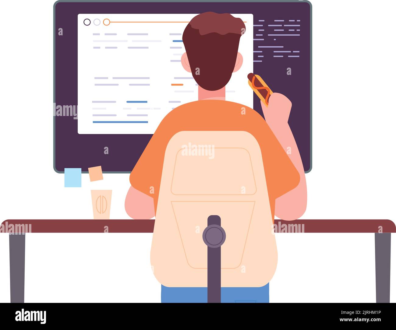 Programmer eating hot dog. Work snack break isolated on white background Stock Vector Image ...