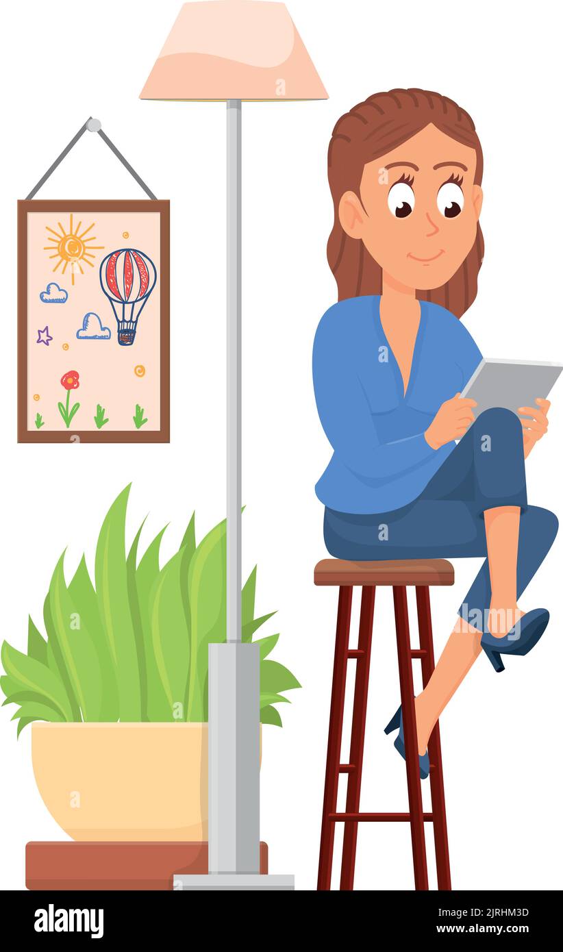 Woman sitting at home with tablet. Comfortable leisure time Stock ...